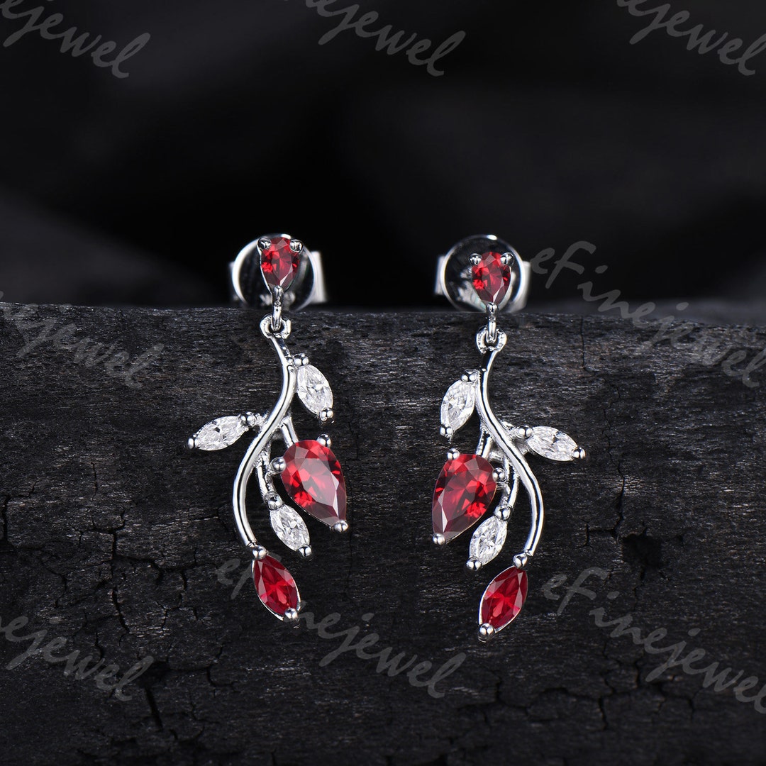 Nature Inspired Ruby Drop Earrings, Unique Pear Lab Red Ruby Earring ...