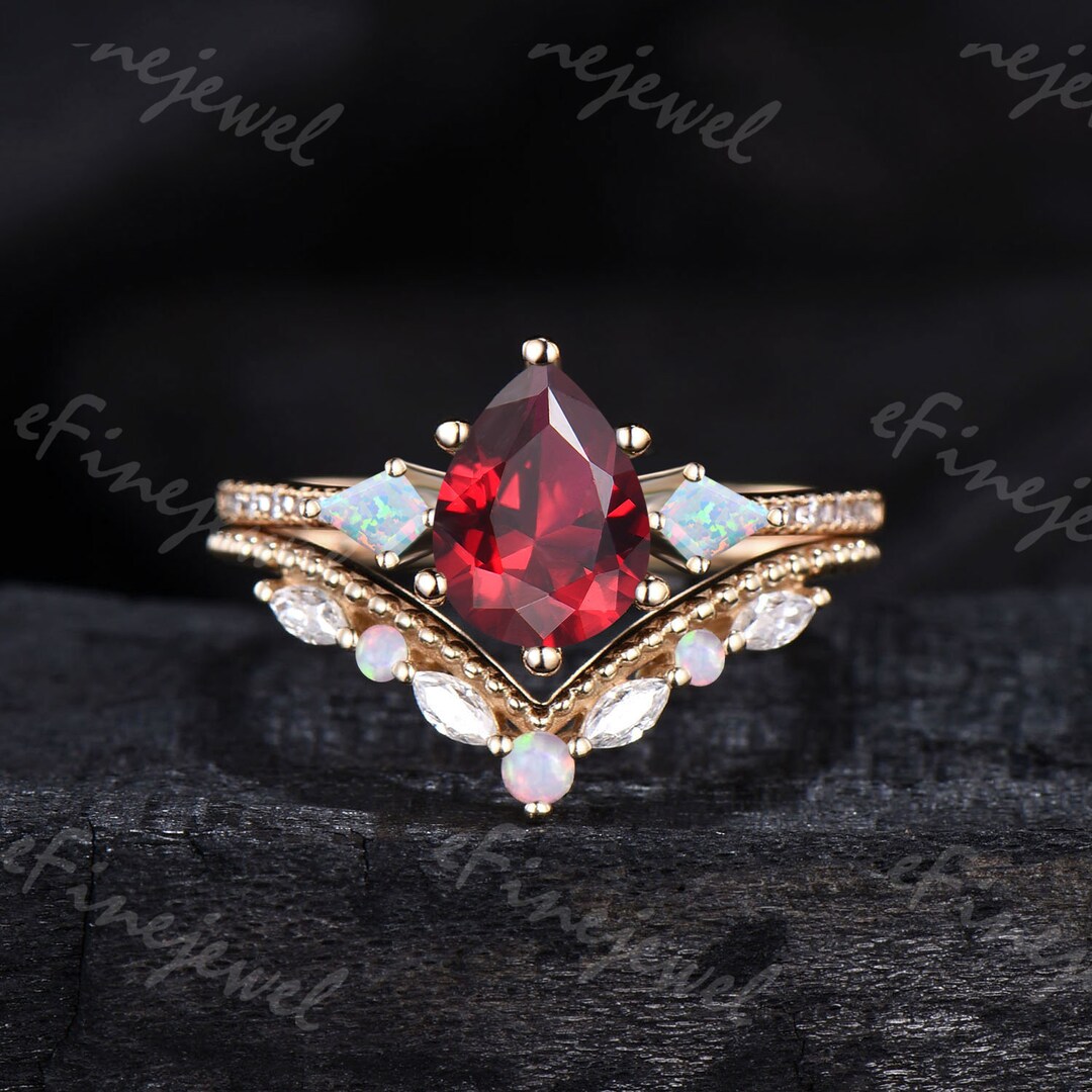7x9mm Pear Shaped Ruby Bridal Ring Set Vintage Lab Red Ruby Engagement Ring Unique Kite Opal ...