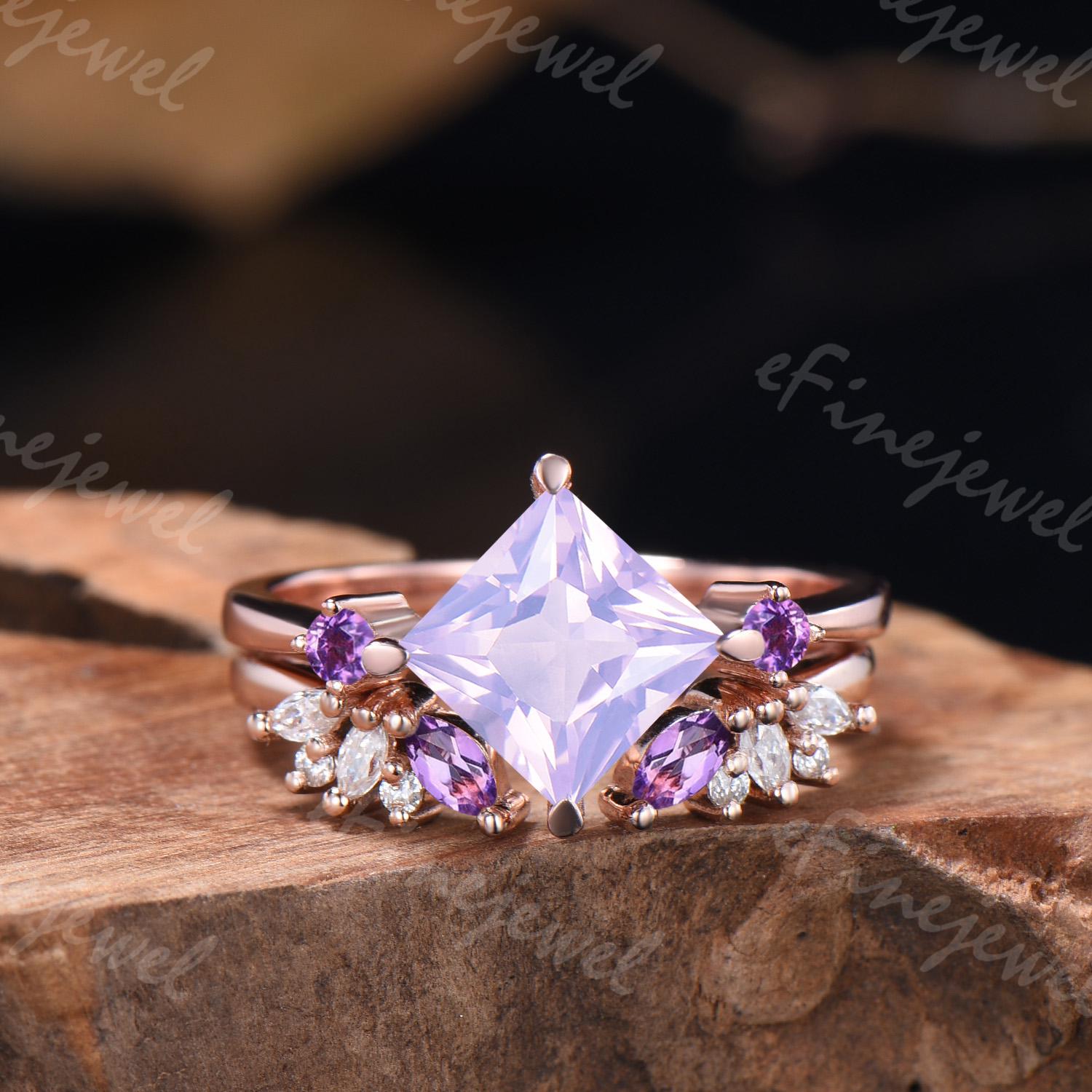Handmade Rose Gold Amethyst Bridal Ring Set, Princess Cut Engagement ...