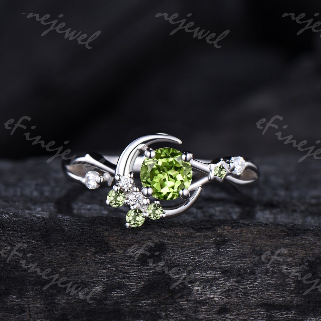 Dainty Peridot Ring 5mm Round Peridot Moon Engagement Ring Art Deco ...