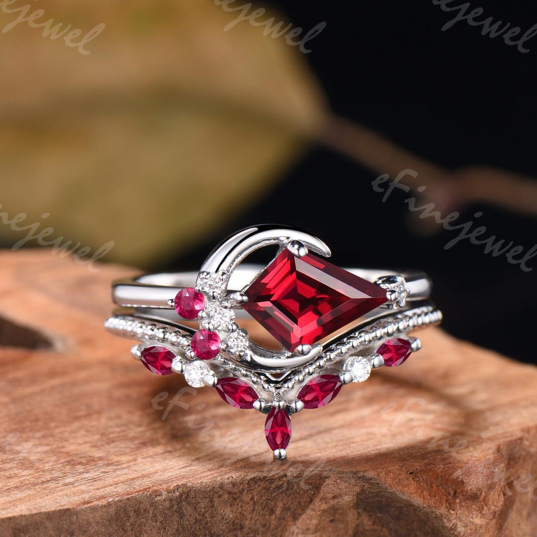 Vintage Kite Cut Ruby Moon Engagement Ring Set, White Gold Art Deco ...