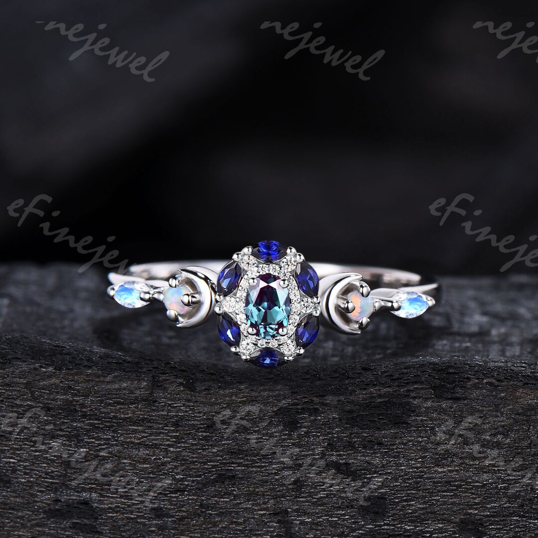 Vintage Moon Alexandrite Engagement Ring Unique Halo Sapphire ...