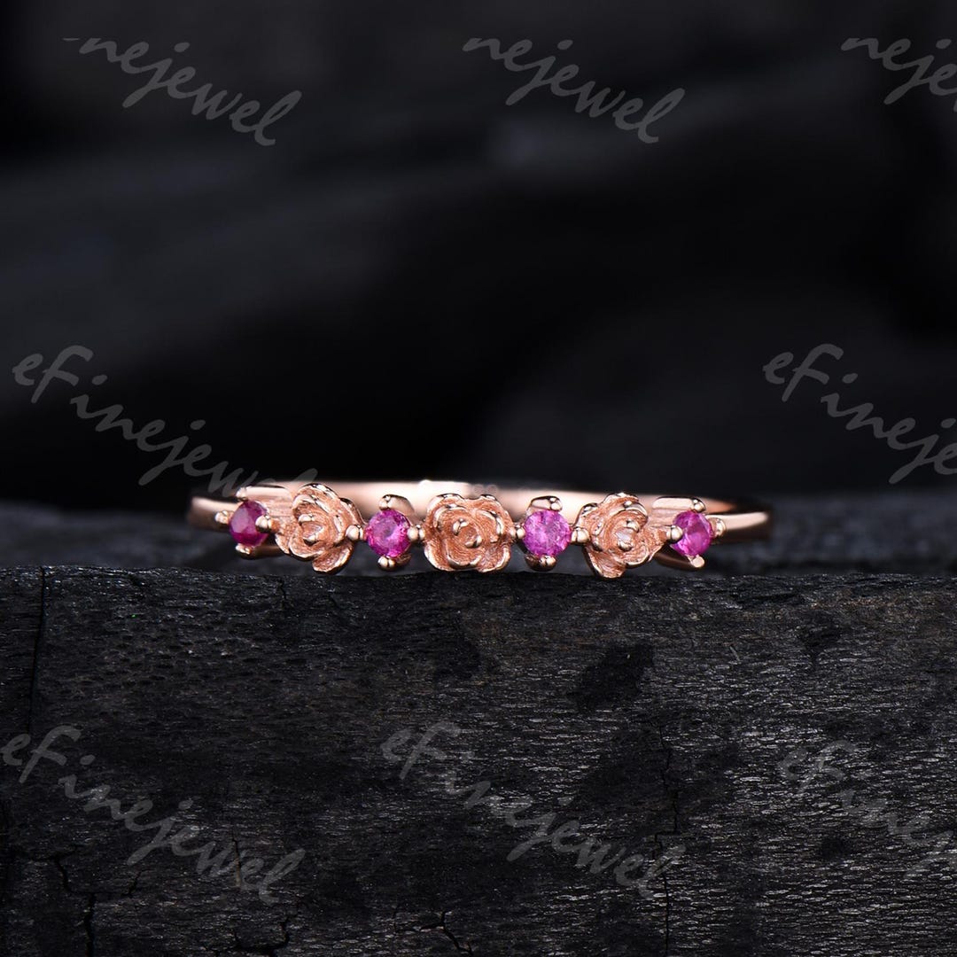 Ruby Rose Ring, 14k Rose Gold Floral Wedding Band - Etsy