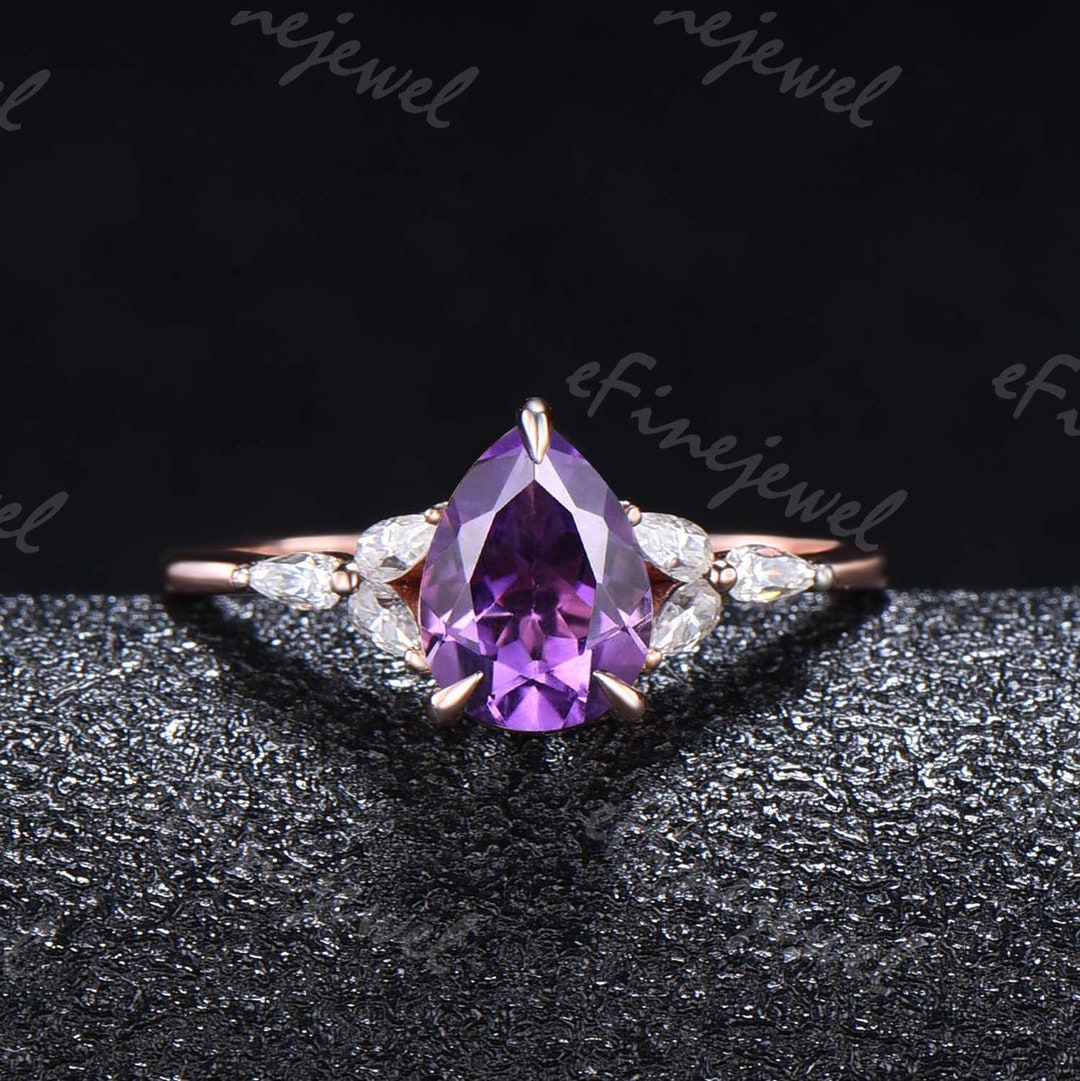 Teardrop Amethyst Engagement Ring Vintage Purple Stone Silver Rose Gold ...