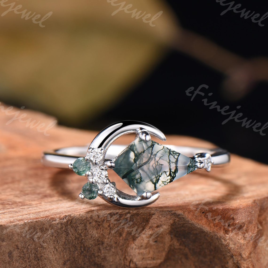 Kite Cut Moss Agate Ring Set: White Gold Moon Engagement Ring - Etsy