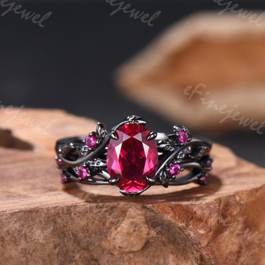Black Gold Ruby Engagement Ring Set - Gothic Leaf Wedding Bridal Ring ...