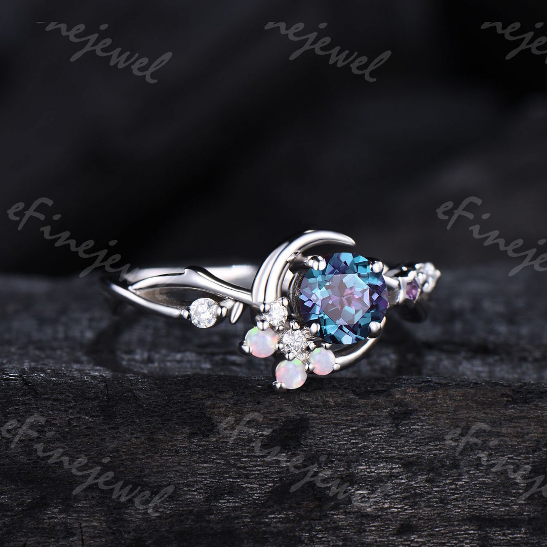 Dainty Alexandrite Ring 5mm Round Color Change Gemstone Moon Engagement ...