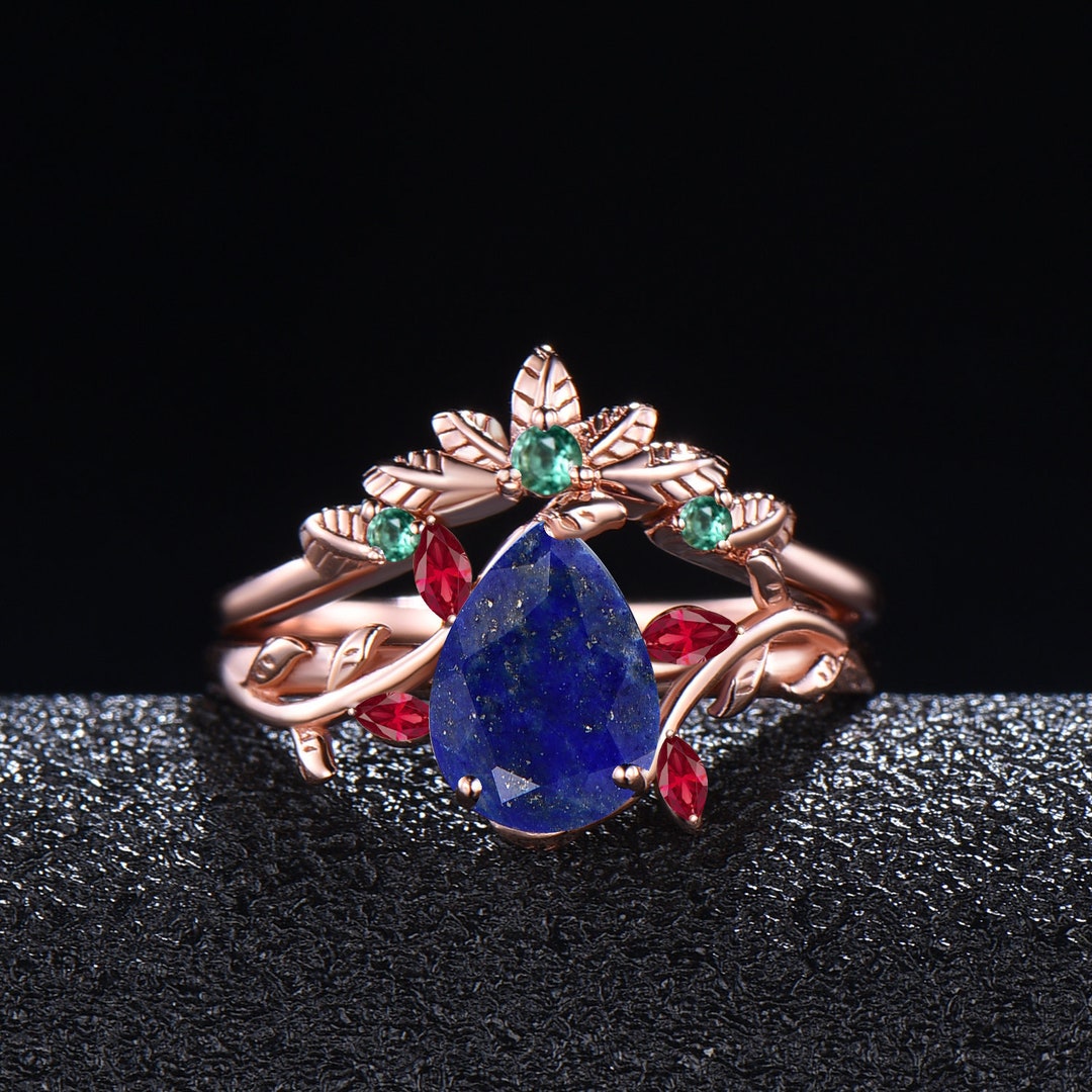 Vintage Lapis Lazuli Engagement Ring Set Nature Inspired Leaf Ruby ...