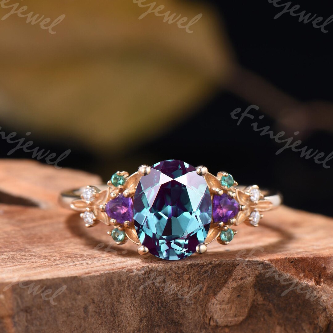 Vintage Oval Lab Alexandrite Ring, Rose Gold Art Deco Leaf Cluster - Etsy