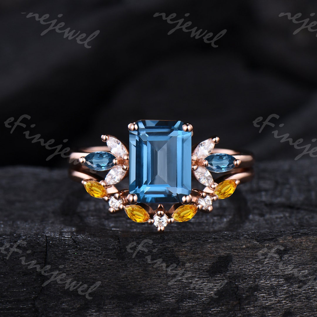 London Blue Topaz Engagement Ring Set Women Citrine Stacking Matching ...