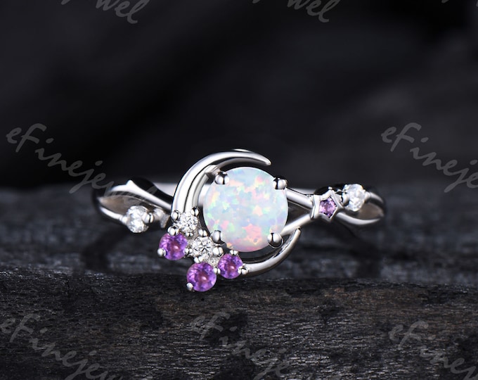 Vintage Moon White Opal Engagement Ring Set Moon Star Fire Opal Cluster ...