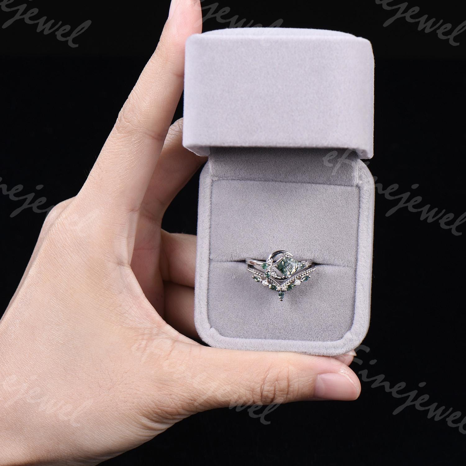 Kite Cut Moss Agate Ring Set: White Gold Moon Engagement Ring - Etsy