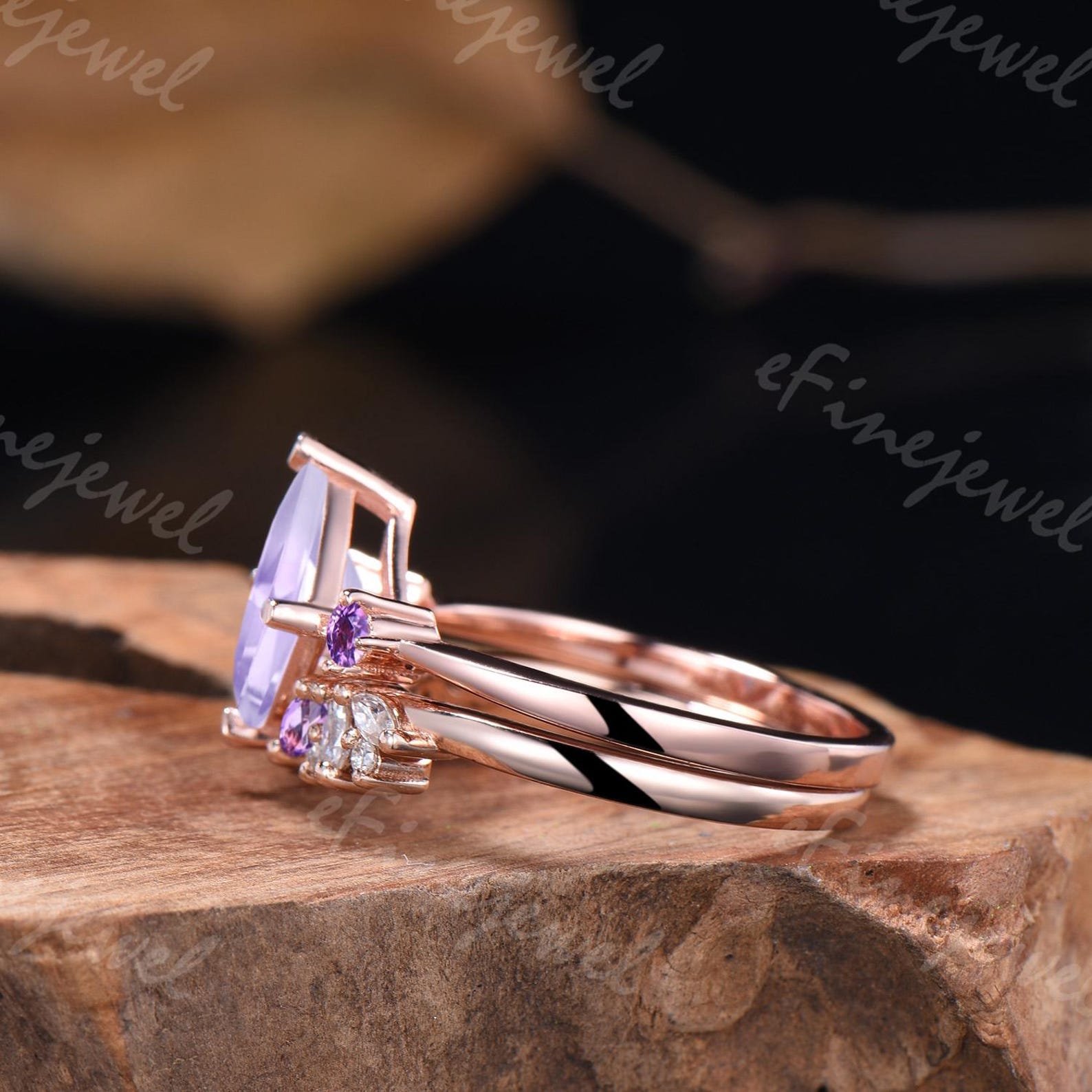 Handmade Rose Gold Amethyst Bridal Ring Set, Princess Cut Engagement ...