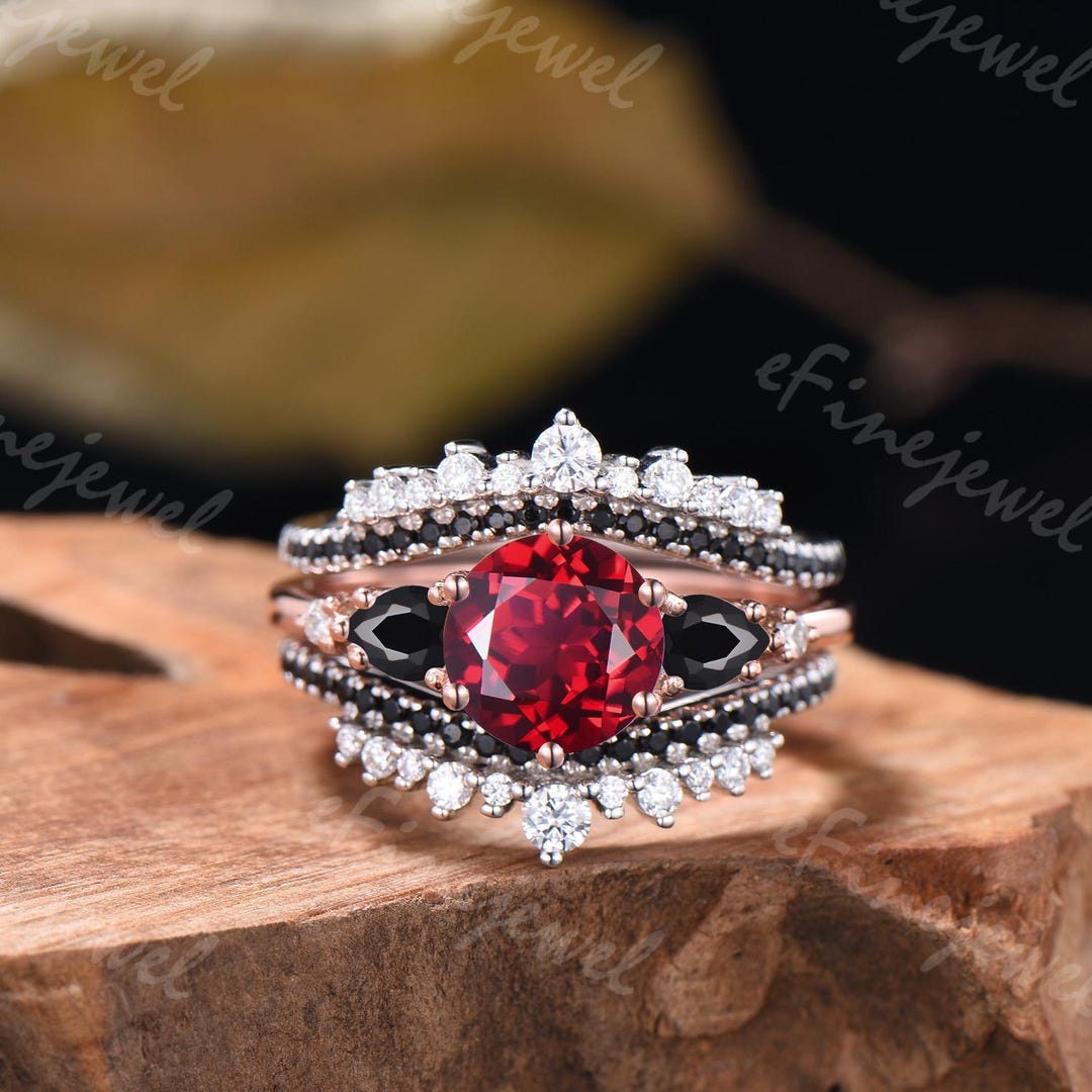 Vintage Round Garnet Wedding Ring Set Five Stone Black Spinel Garnet ...