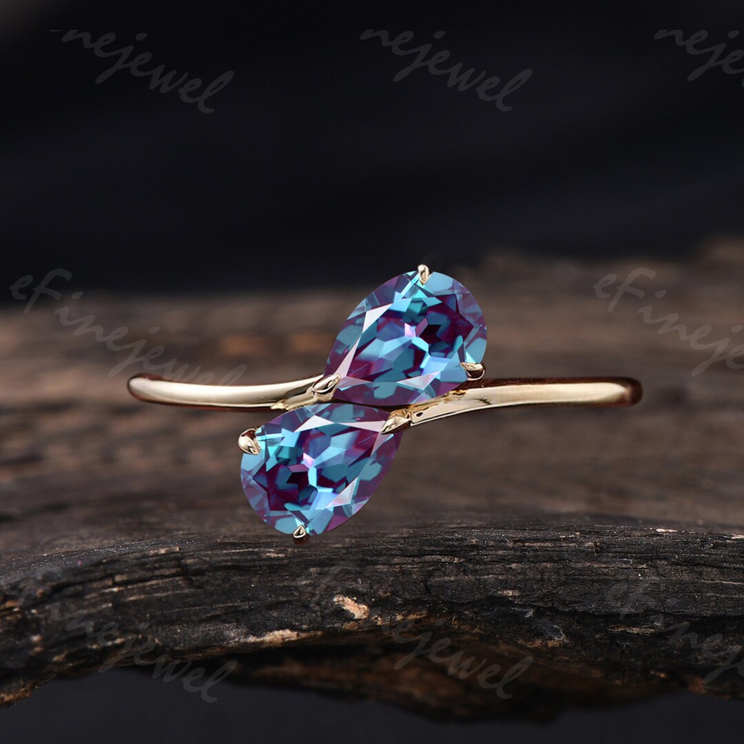 Pear Shape Alexandrite Engagement Ring Yellow Gold Art Deco Ring Open ...