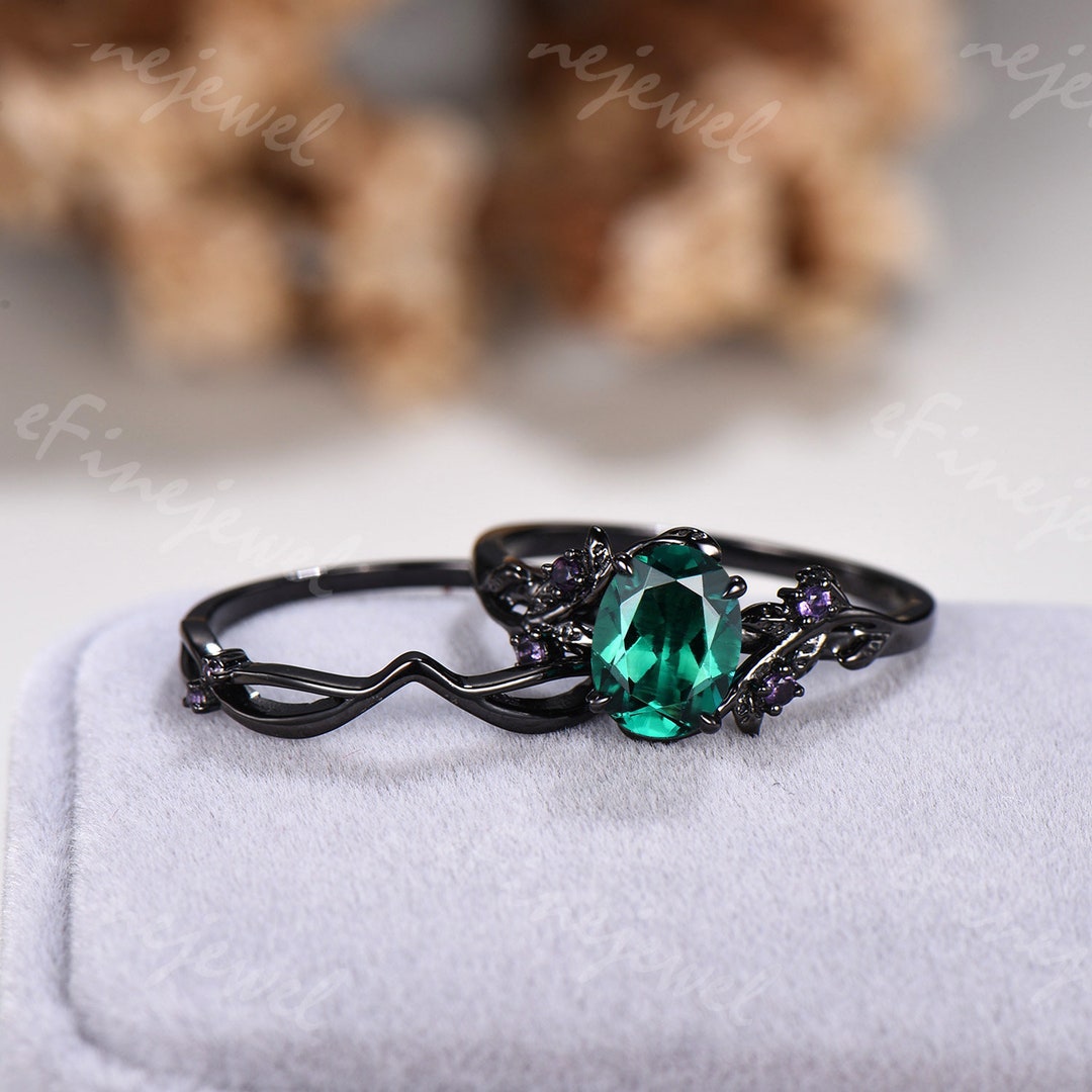 Unique Black Gold Emerald Wedding Ring Set Nature Inspired Engagement Ring Leaf Vine Amethyst ...