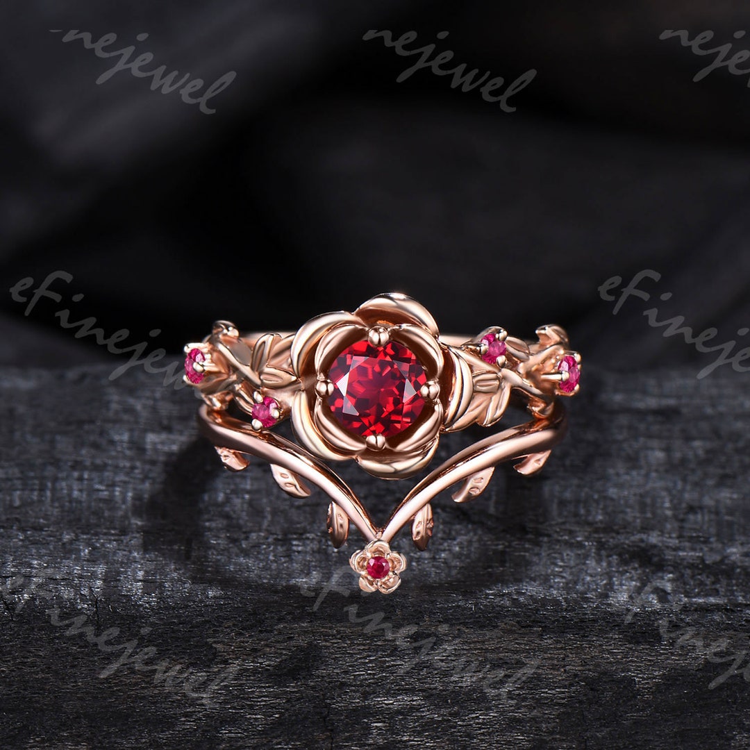 Nature Inspired Floral Ruby Bridal Ring Set Vintage Lab Red Ruby Twig ...