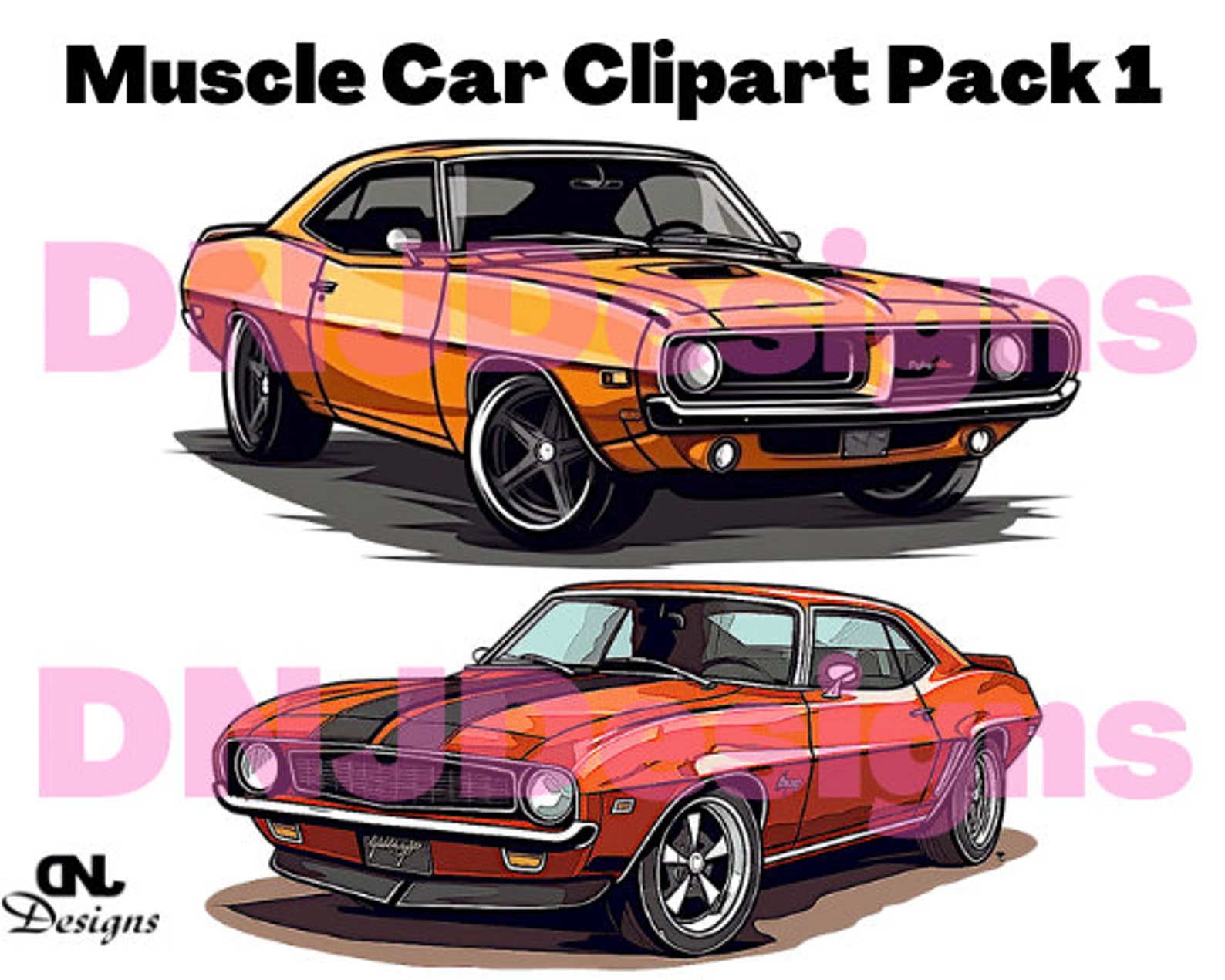 Muscle Car Clipart Pack 1, 300dpi, 1024px Wide, Vintage Cartoon Style ...
