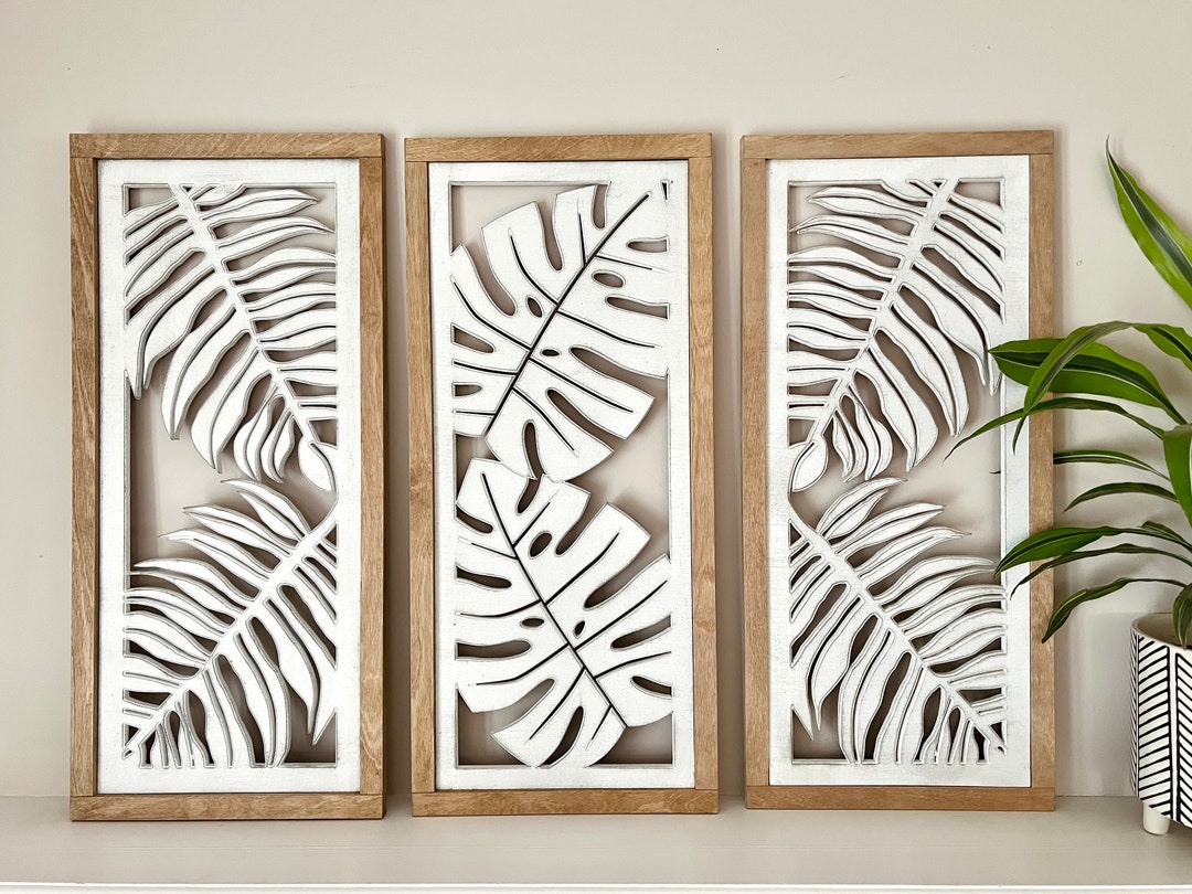 Tropical Leaf Wooden Wall Art, Set of 3 Monstera Plant, Palm Leaf Decor ...