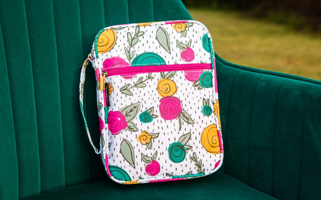 Church Floral Bible Cover Case With Handles Pink Blue and Yellow Flower ...