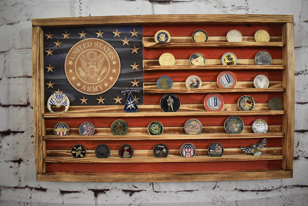 Army Challenge Coin Display Rack Holder - Rustic Army American Flag ...