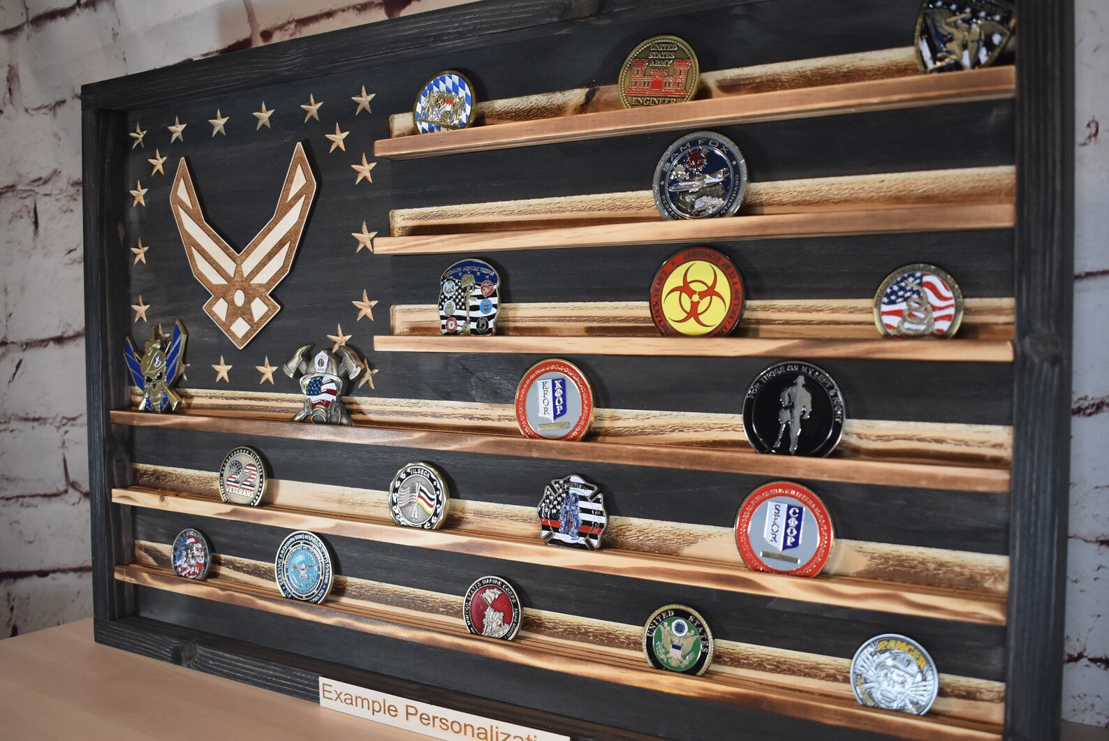 US Air Force Challenge Coin Display Rack Holder Rustic American Flag ...