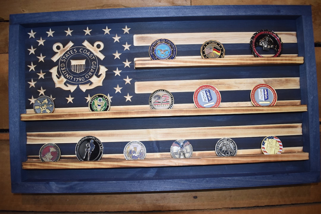 US Coast Guard Challenge Coin Display Rack Holder - Navy Blue Rustic ...