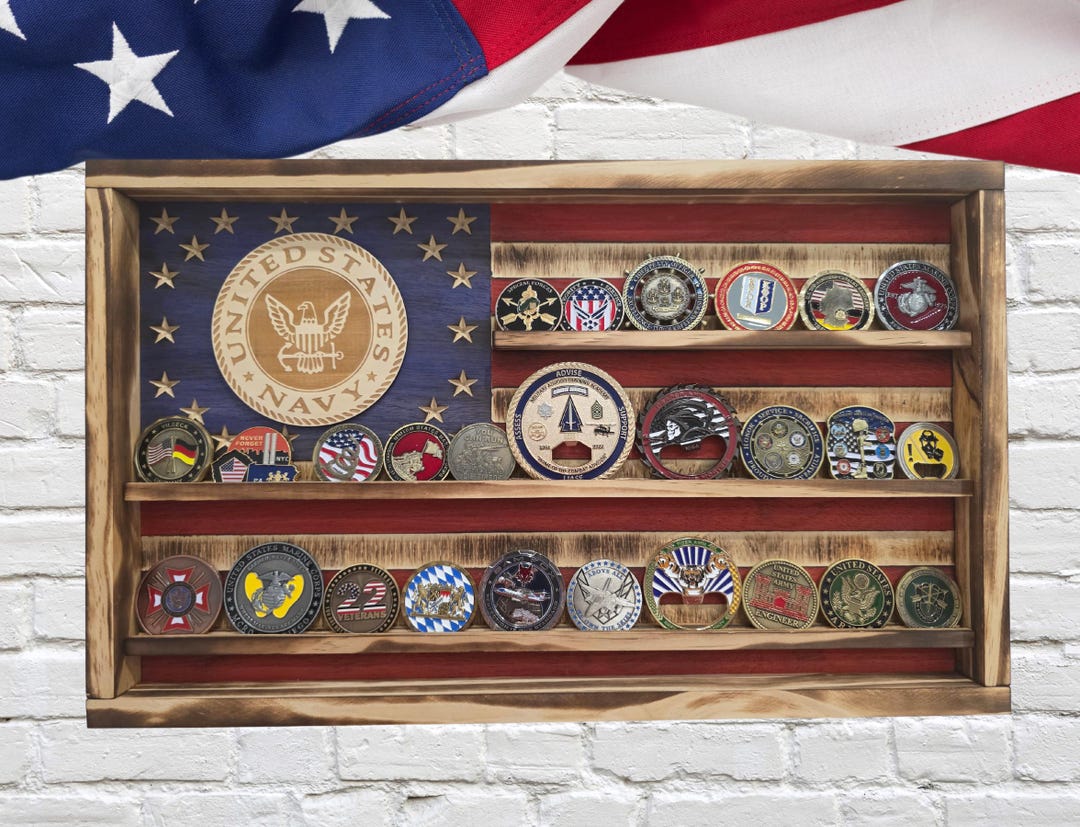 Rustic US Navy Challenge Coin Display: Handmade American Flag, Veteran ...