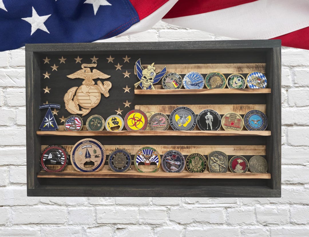 US Marine Corps Challenge Coin Display Rack Holder - Rustic USMC EGA ...