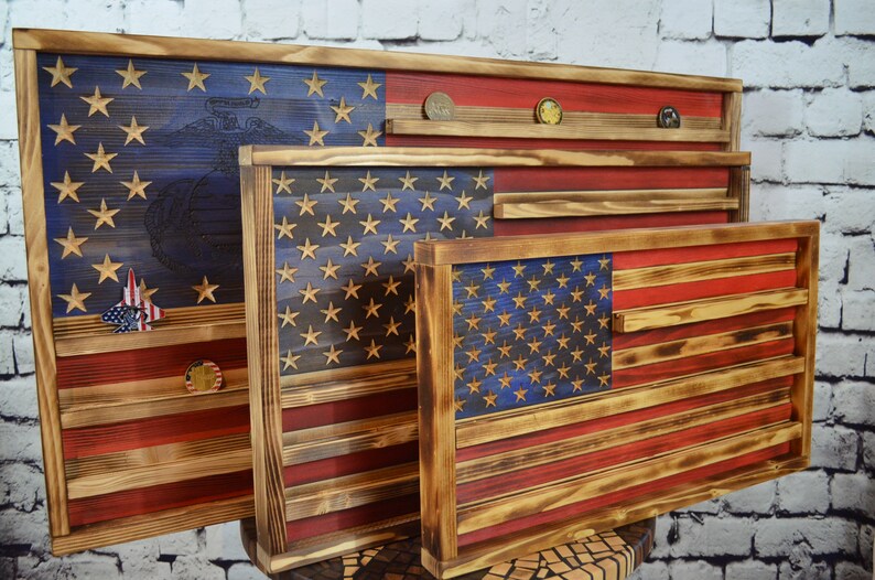 Challenge Coin Display Rack Holder - Rustic American Flag Gift for ...