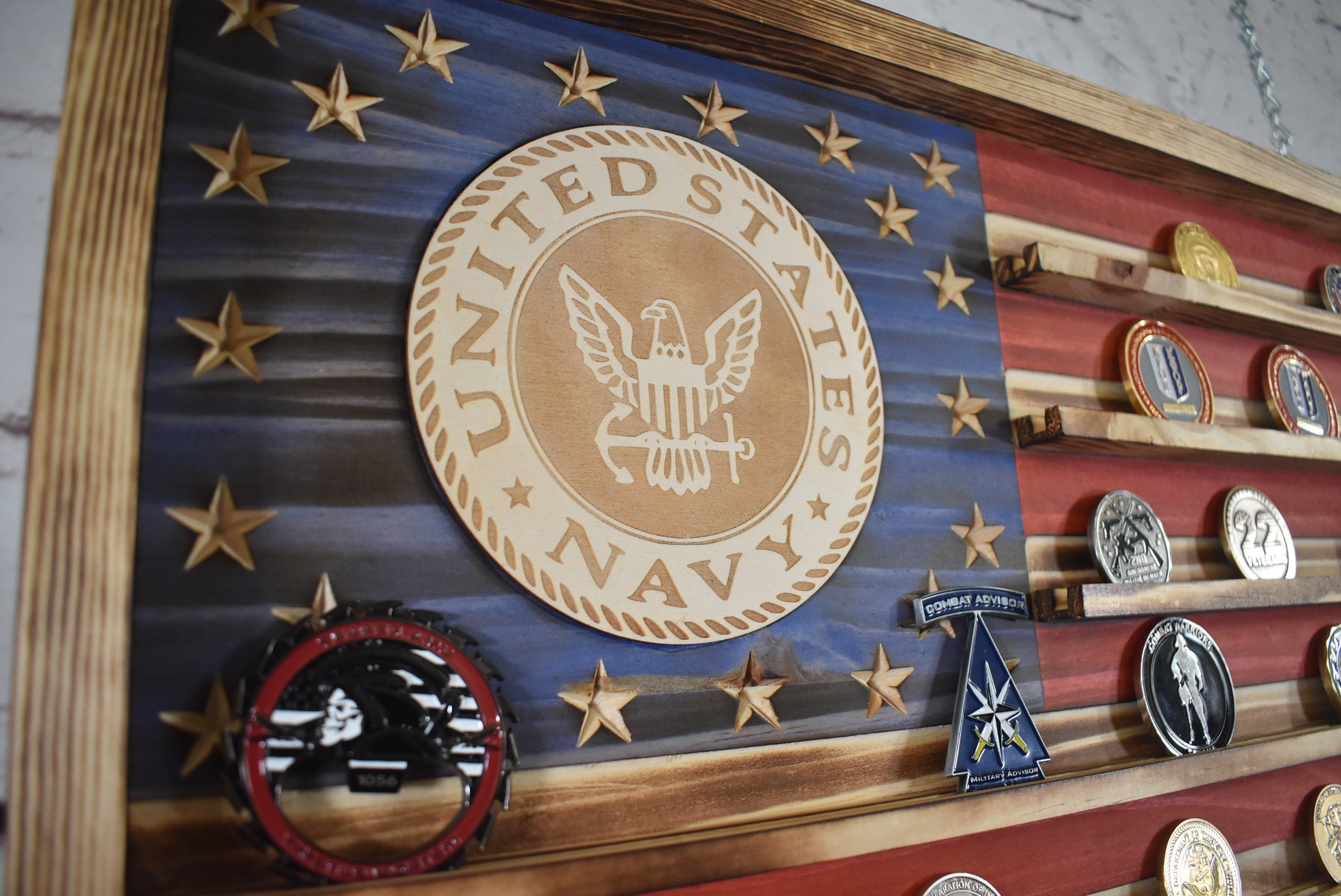 Navy Challenge Coin Display Rack Holder - Rustic US Navy American Flag ...