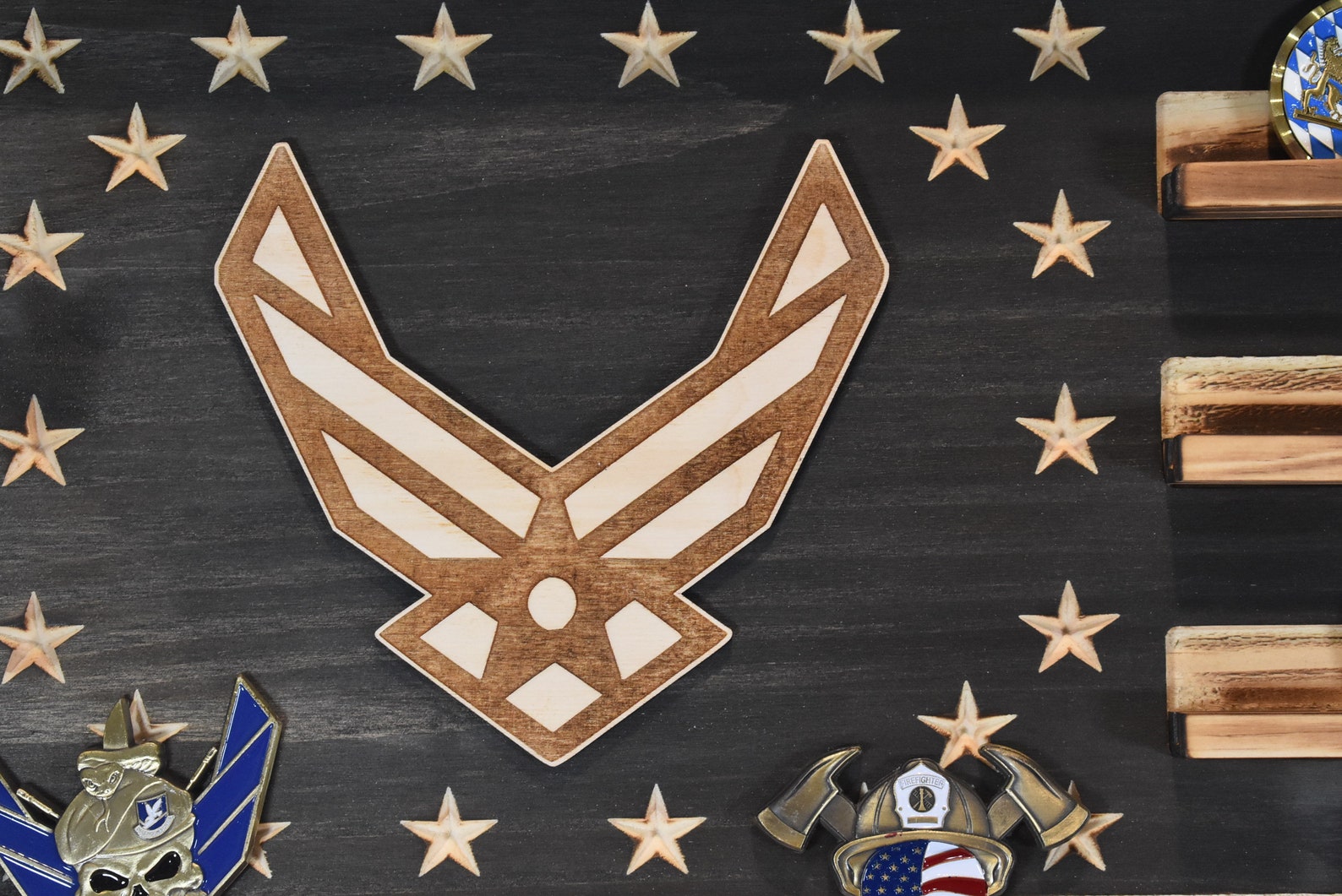 US Air Force Challenge Coin Display Rack Holder Rustic American Flag ...