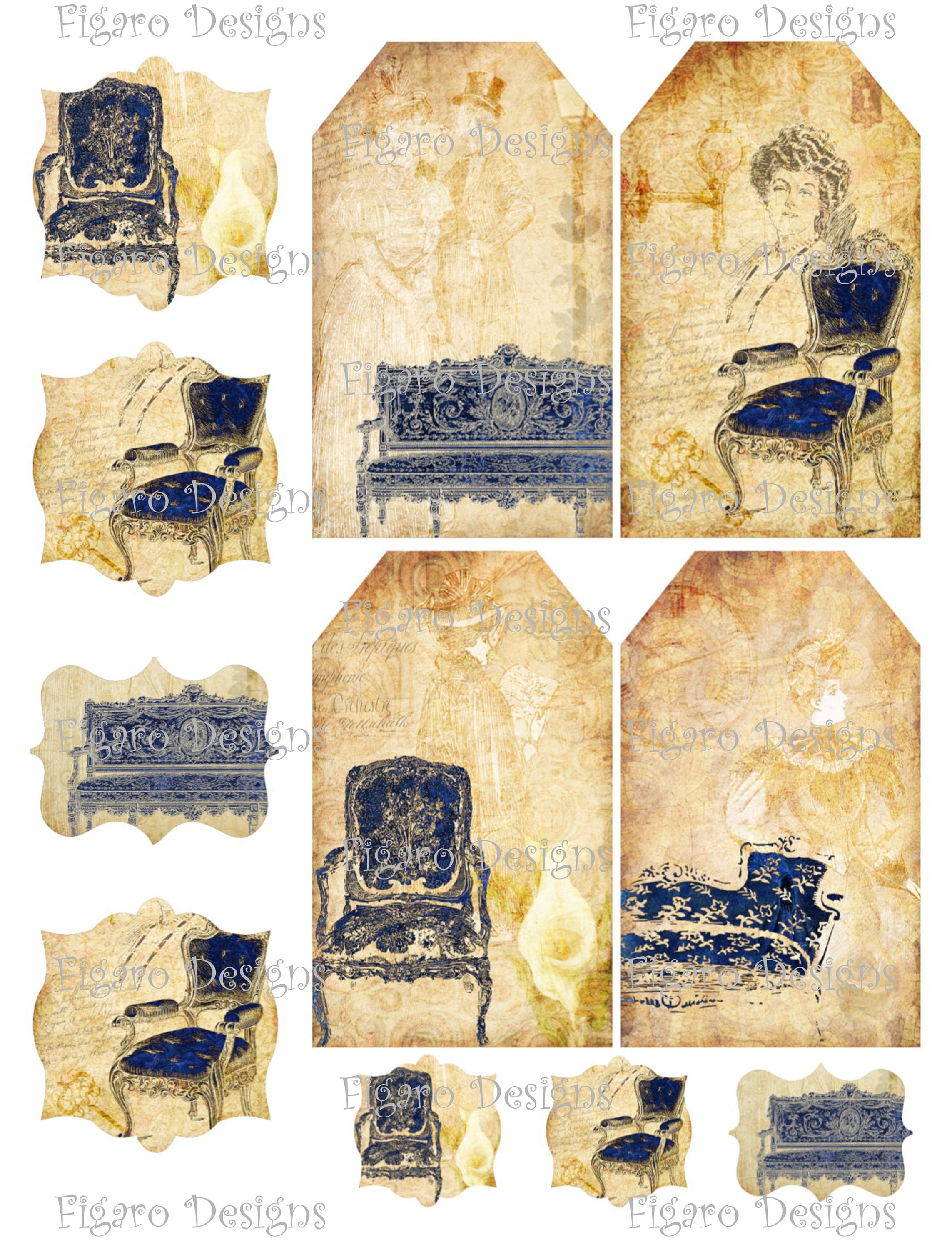 Victorian Blue Chair Digital Ephemera, Printable Junk Journal Ephemera ...