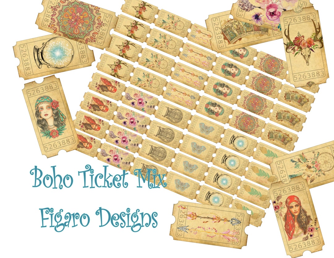 Boho Ticket Mix Digital Ephemera, Printable Junk Journal Ephemera ...