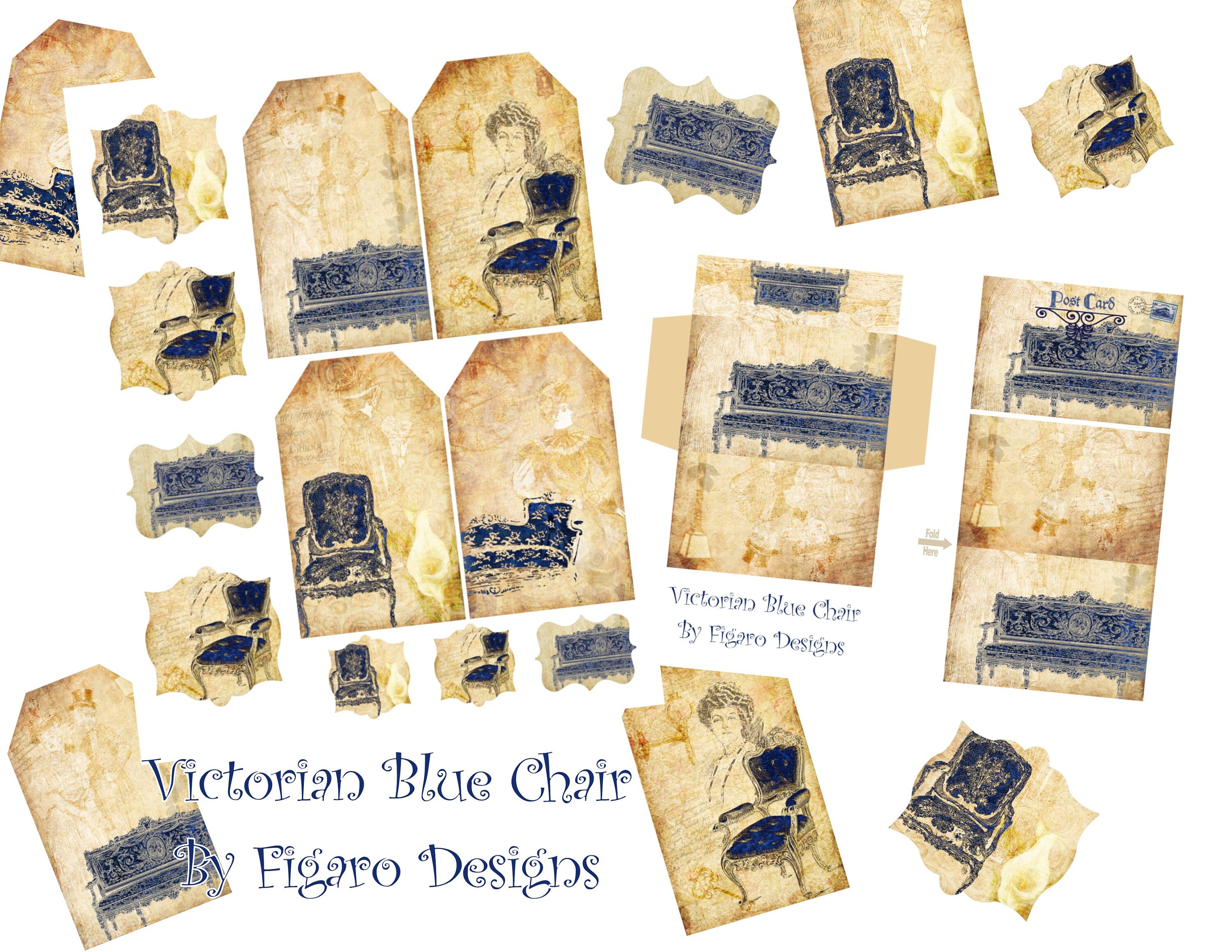Victorian Blue Chair Digital Ephemera, Printable Junk Journal Ephemera ...
