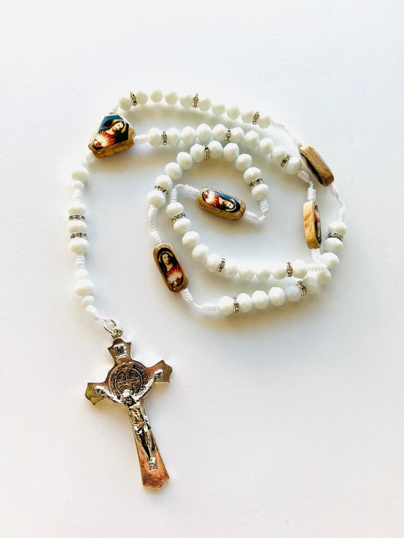 Rosario De Sagrado Corazon De Jesus En Cristal Blanco Perla Y | Etsy