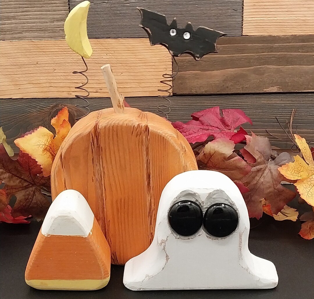 Halloween Decor Chunky Wood Trio Pumpkin Ghost Candy Corn - Etsy