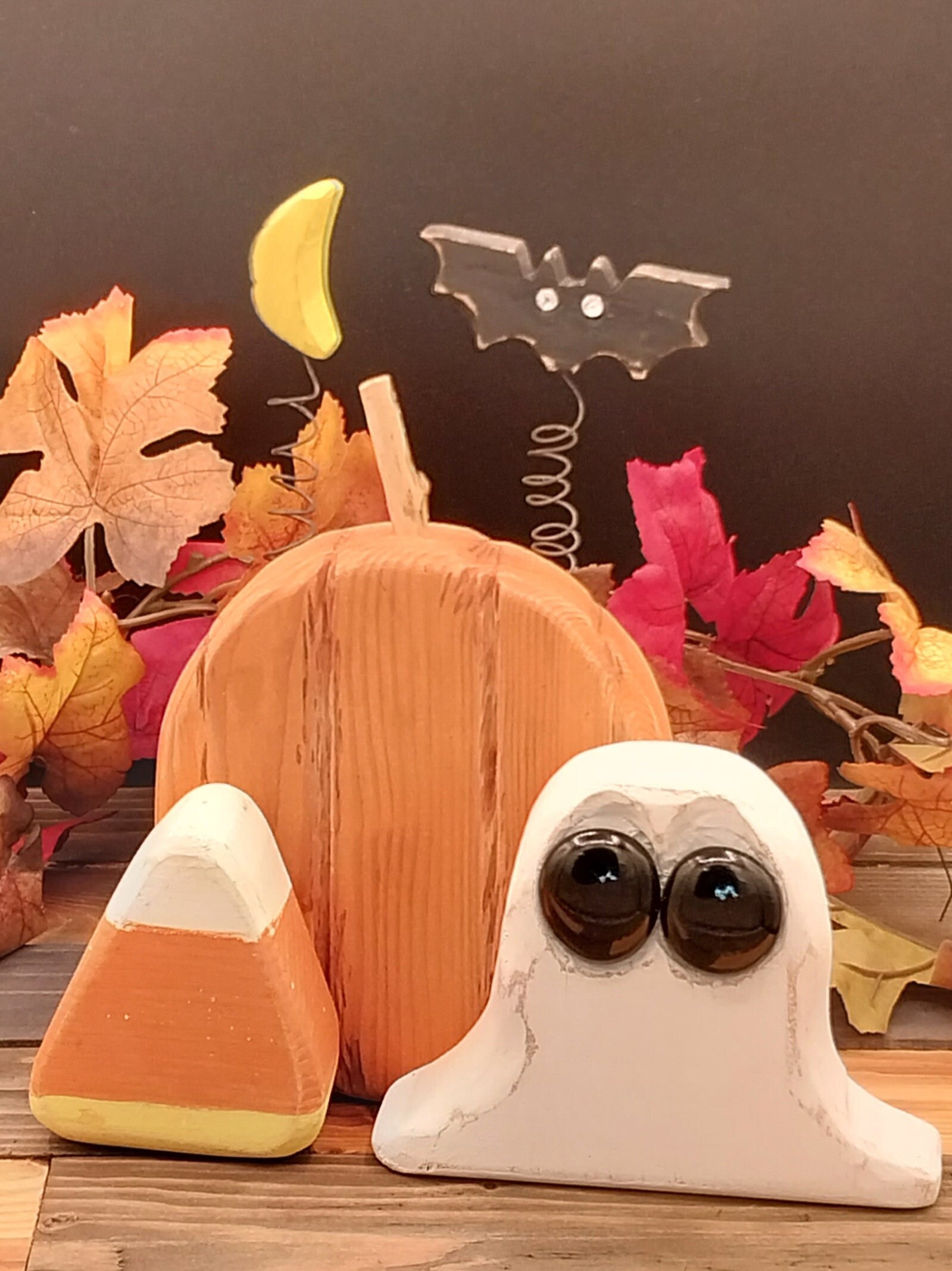 Halloween Decor Chunky Wood Trio Pumpkin Ghost Candy Corn - Etsy