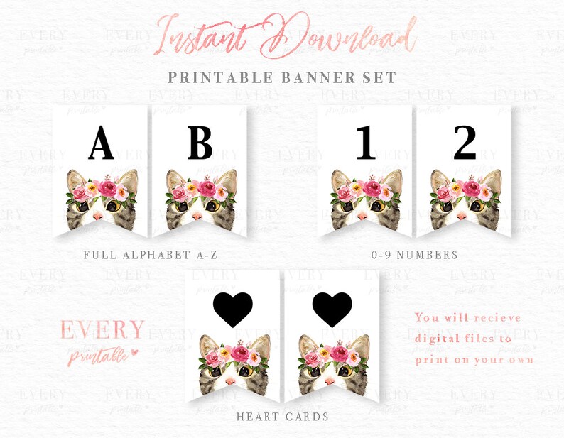 Cat With Flowers Printable Banner Baby Shower Baby Shower | Etsy