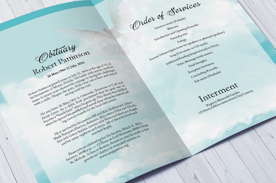 Heavenly Funeral Program Template: Obituary Memorial (photoshop, MS ...