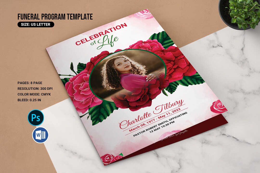 Floral Funeral Program Template, 8 Page Booklet (photoshop, MS Word) - Etsy