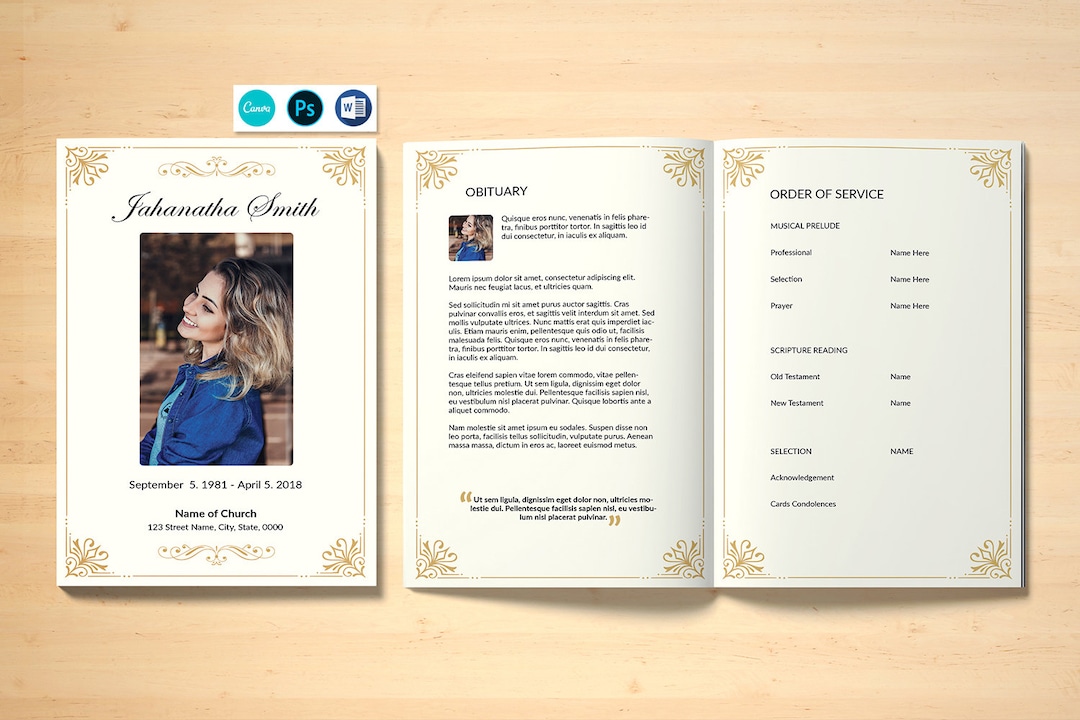 Editable Funeral Program Template: Obituary Brochure Design (photoshop ...