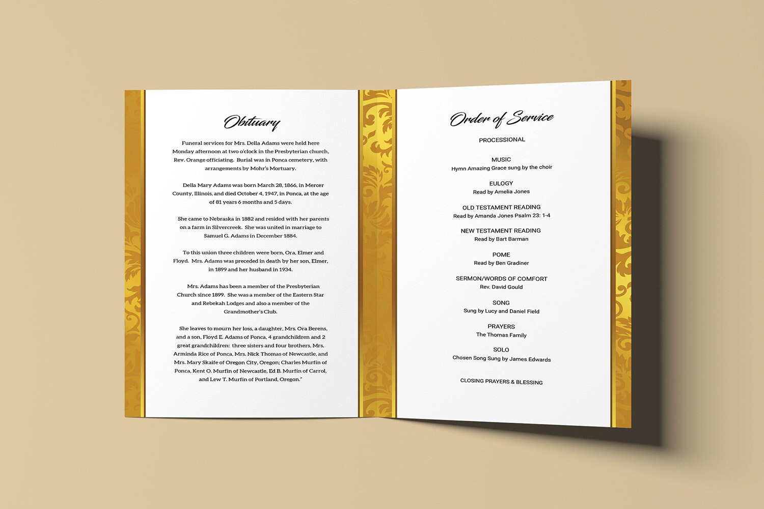 Golden Funeral Program Template, Funeral Template Word, Obituary ...