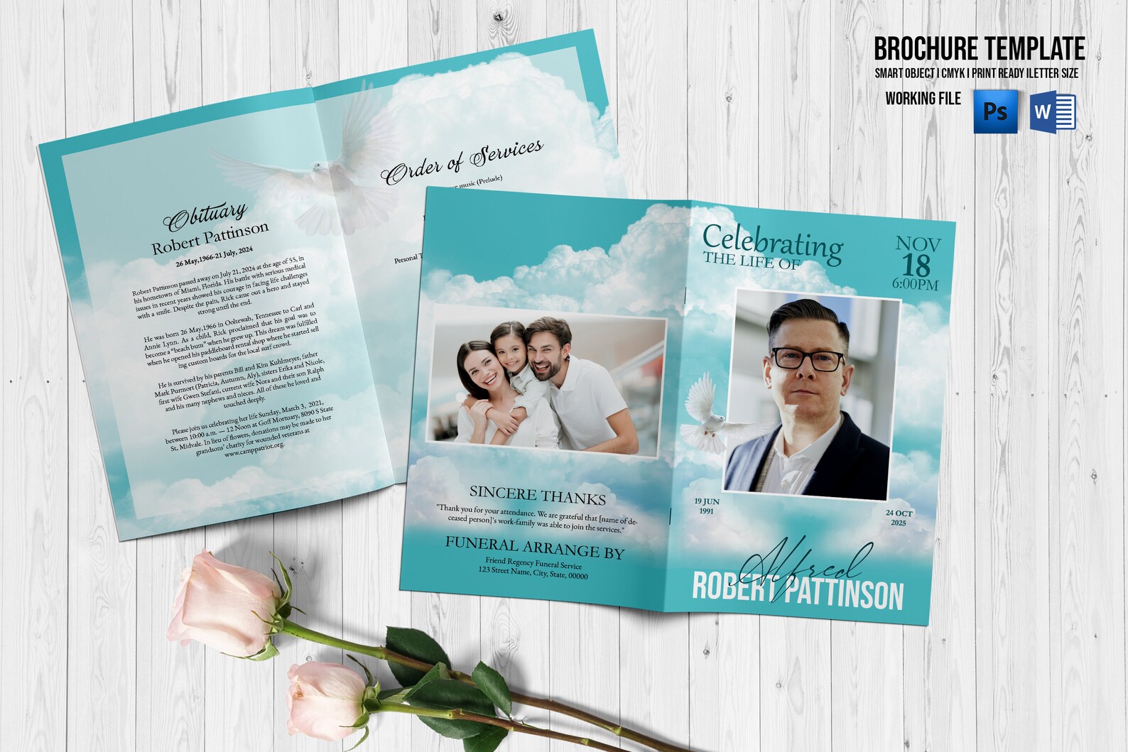 Heavenly Funeral Program Template: Obituary Memorial (photoshop, MS ...