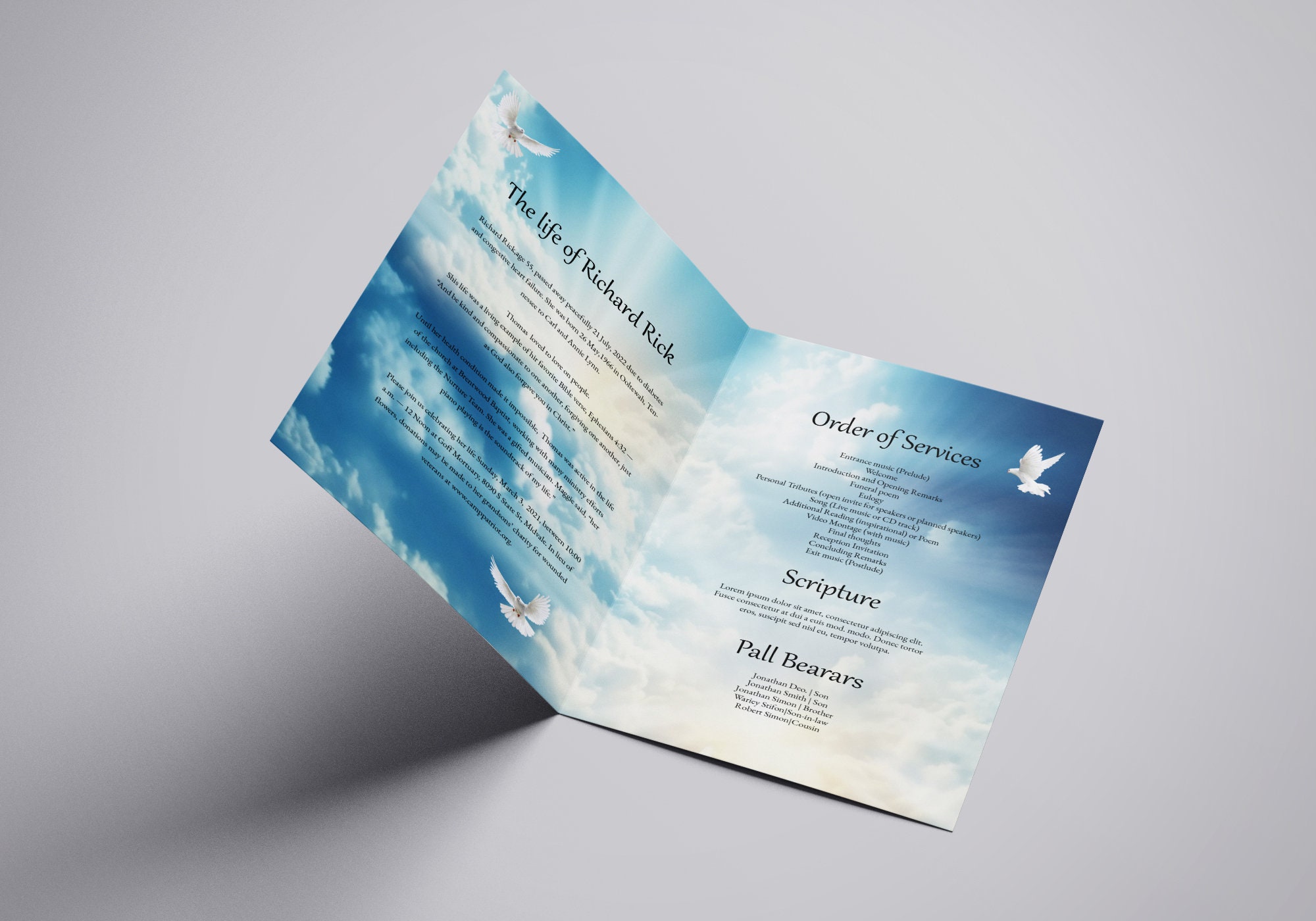 Heavenly Funeral Program Template, Printable Obituary (photoshop, MS ...