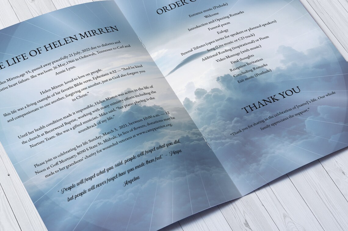 Heavenly Dove Funeral Program Template, Printable Obituary Template ...