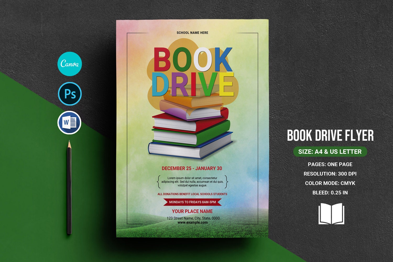 Book Drive Flyer Template Ms Word , Photoshop and Canva Template ...