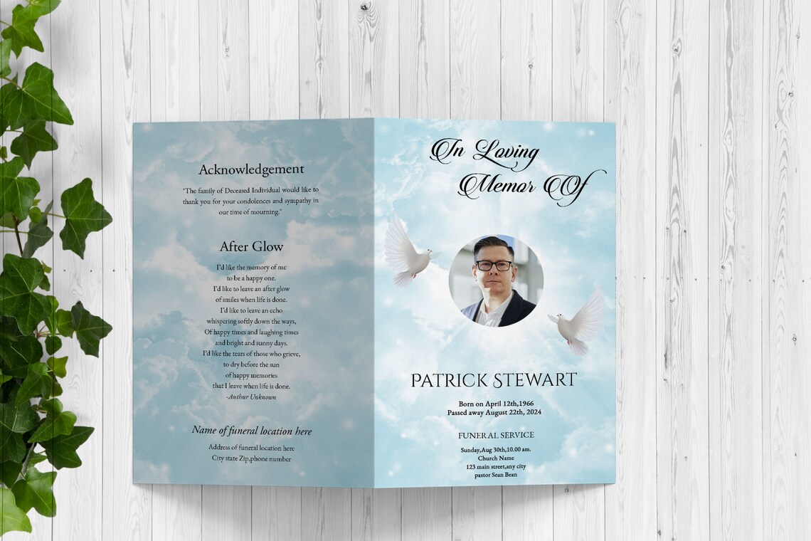 Heavenly Dove Funeral Program Template: Obituary, MS Word, Photoshop, Canva (US Letter, Digital ...