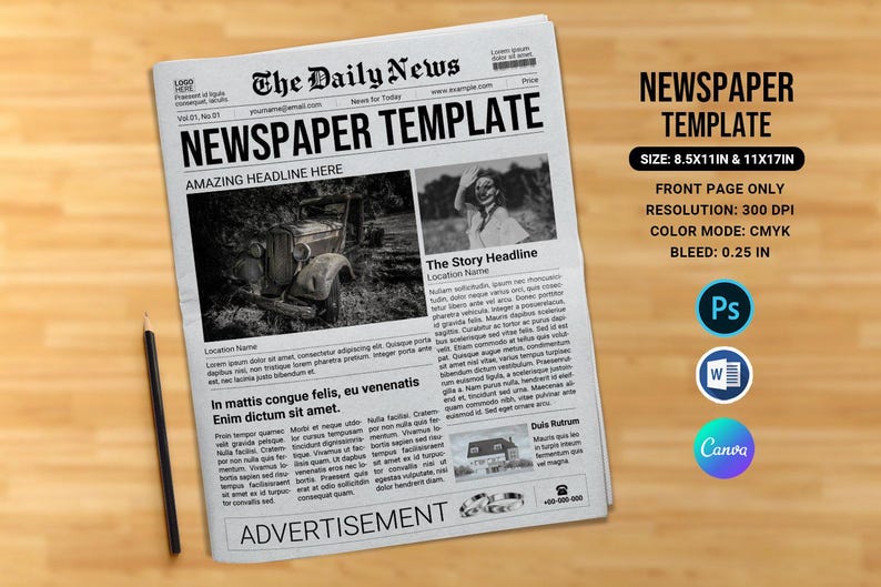 One Page Newspaper Template , | Canva, Adobe Photoshop & MS Word ...