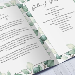 Green Leaves Funeral Program Template, Obituary Template , Editable ...